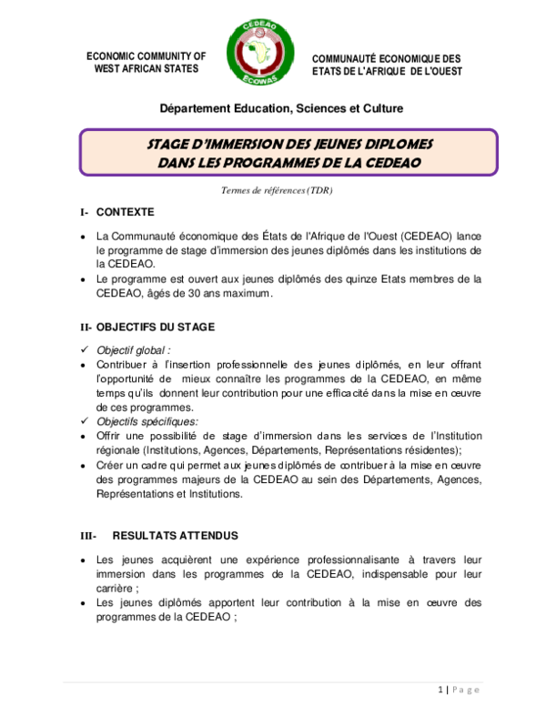 (PDF) Fiche appel stage CEDEAO 2021