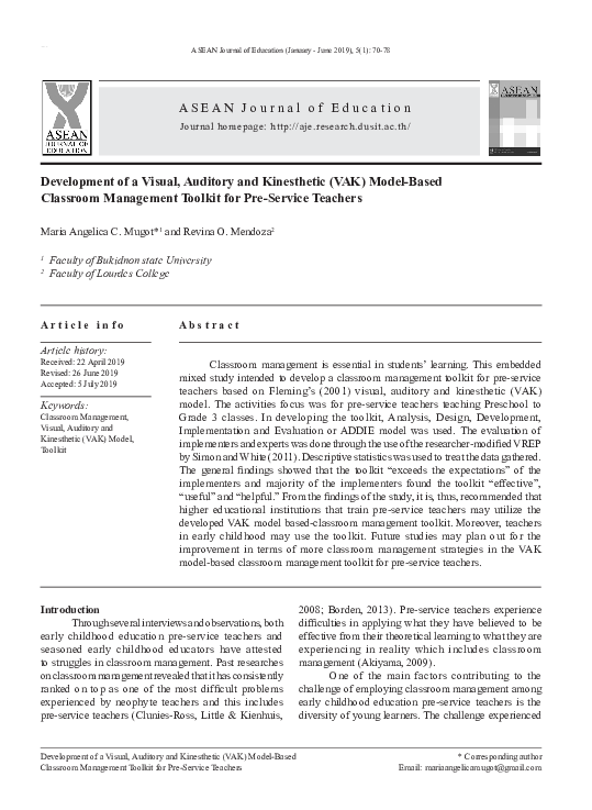 (PDF) Development of a Visual, Auditory and Kinesthetic (VAK) Model-Based Classroom Management ...
