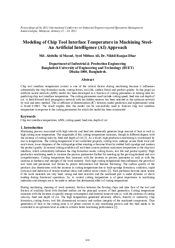 Pdf Modeling Of Chip Tool Interface Temperature In Machining Steel An Artificial Intelligence