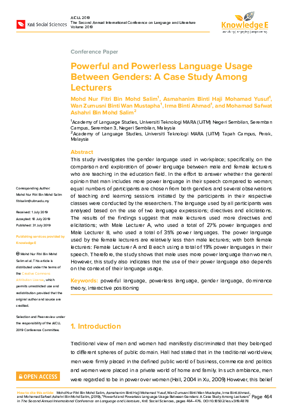 (PDF) Powerful and Powerless Language Usage Between Genders: A Case ...