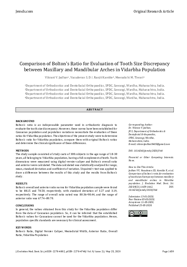 (PDF) Comparison of Bolton’s Ratio for Evaluation of Tooth Size ...