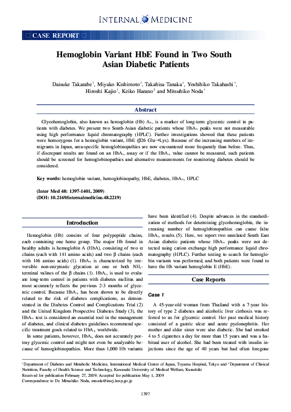 (PDF) Hemoglobin Variant HbE Found in Two South Asian Diabetic Patients
