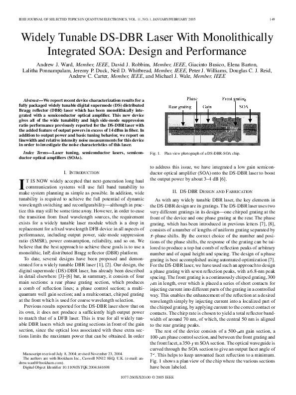 (PDF) Widely Tunable DS-DBR Laser With Monolithically Integrated SOA: Design and Performance