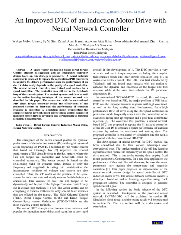 (PDF) An Improved DTC of an Induction Motor Drive with Neural Network Controller