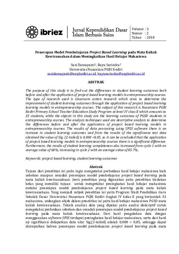 (PDF) Penerapan Model Pembelajaran Project Based Learning pada Mata Kuliah Kewirausahan dalam ...