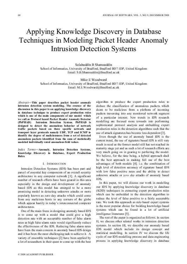 (PDF) Applying Knowledge Discovery in Database Techniques in Modeling Packet Header Anomaly ...