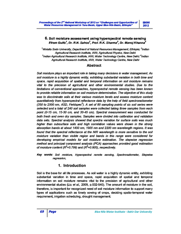 (PDF) Soil moisture assessment using hyperspectral remote sensing