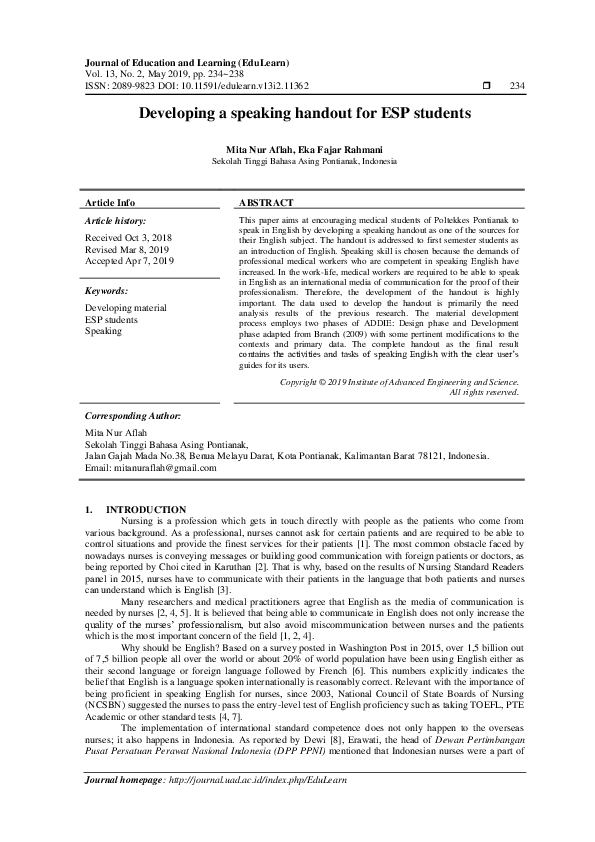 (PDF) Developing a speaking handout for ESP students