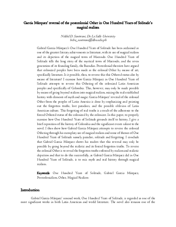 (PDF) Garcia Márquez' reversal of the postcolonial Other in One Hundred ...