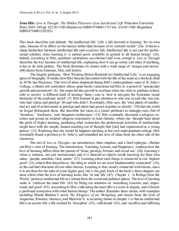 (PDF) Zena Hitz, Lost in Thought: The Hidden Pleasures of an ...