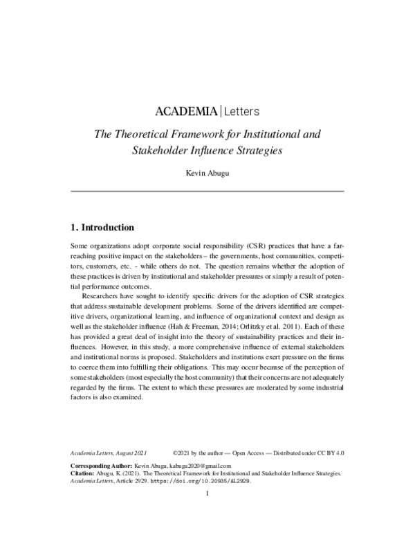 (PDF) The Theoretical Framework for Institutional and Stakeholder ...