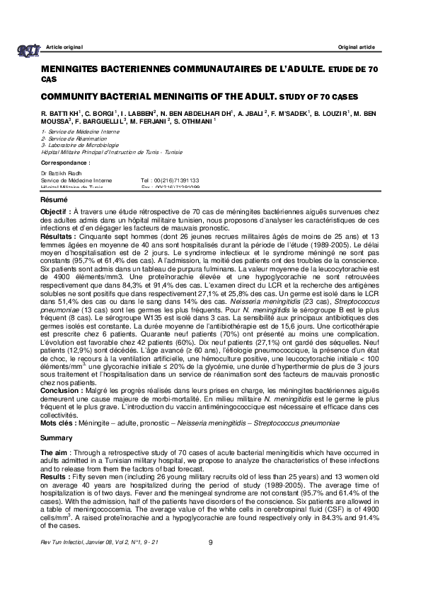 (PDF) Méningites bactériennes communautaires de l’adulte. Etude de 70 cas