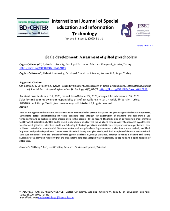 (PDF) Scale development: Assessment of gifted preschoolers