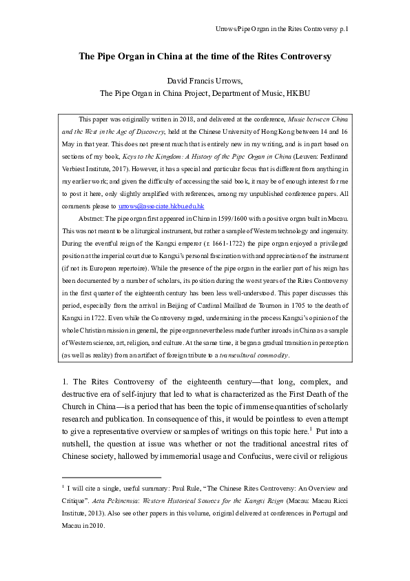 (PDF) The Pipe Organ in China at the time of the Rites Controversy