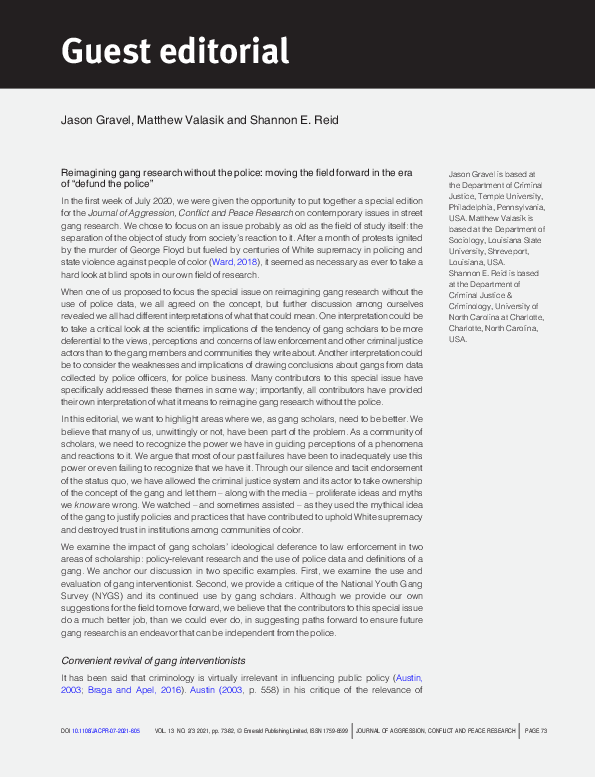 (PDF) Reimagining Gang Research without the Police: Moving the Field ...