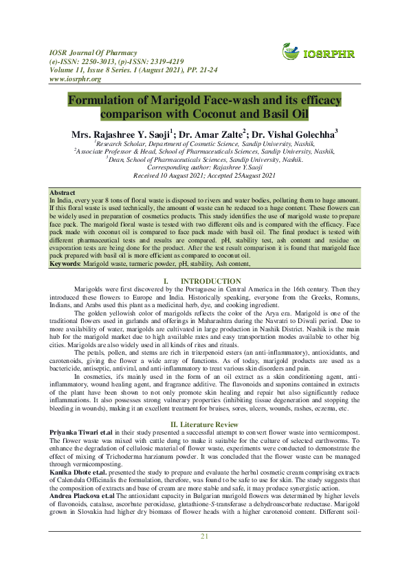 (PDF) Formulation of Marigold Face-wash and its efficacy comparison ...