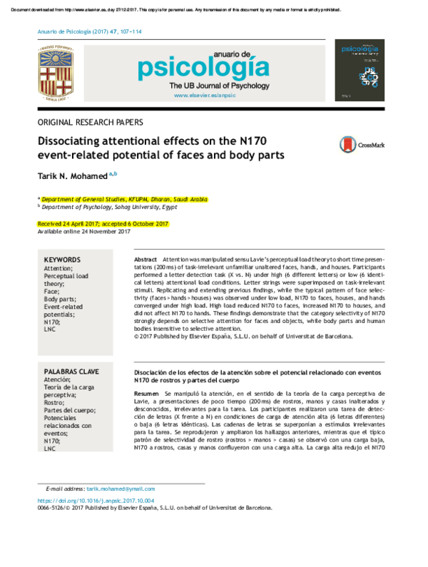 (PDF) Dissociating attentional effects on the N170 event-related ...