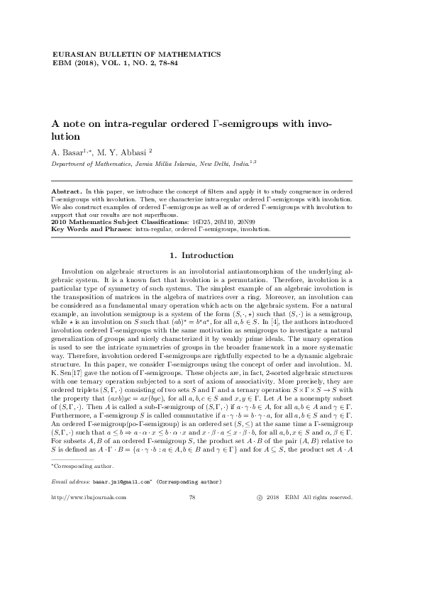 (PDF) A note on intra-regular ordered Γ-semigroups with involution