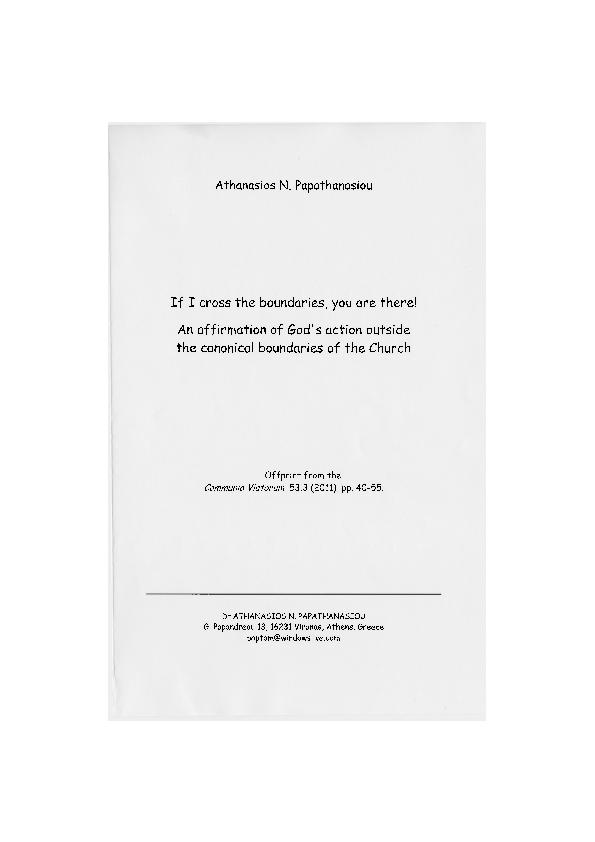 (PDF) Athanasios N. Papathanasiou, An Affirmation of God's action ouside the boundaries of the ...