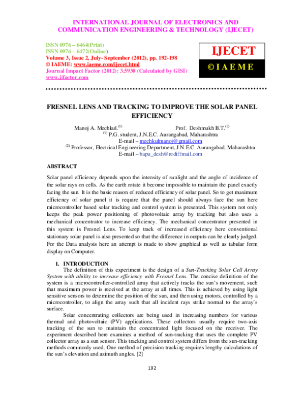 (PDF) FRESNEL LENS AND TRACKING TO IMPROVE THE SOLAR PANEL EFFICIENCY