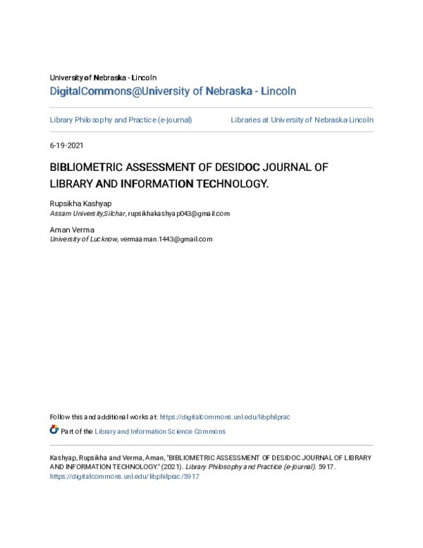 (PDF) BIBLIOMETRIC ASSESSMENT OF DESIDOC JOURNAL OF LIBRARY AND ...