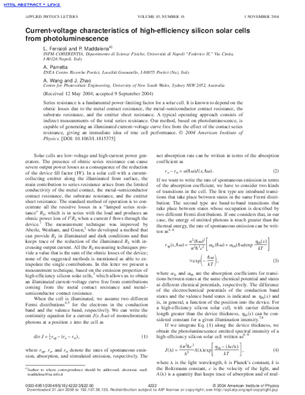 (PDF) Current-voltage characteristics of high-efficiency silicon solar cells from photoluminescence