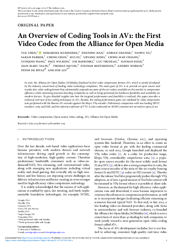 (PDF) An Overview of Coding Tools in AV1: the First Video Codec from ...