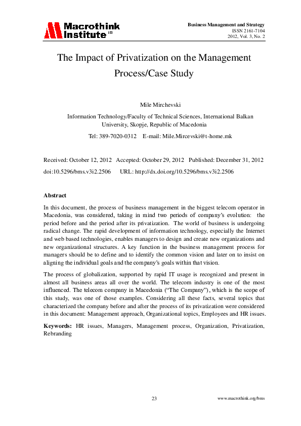 (PDF) The Impact of Privatization on the Management Process/Case Study
