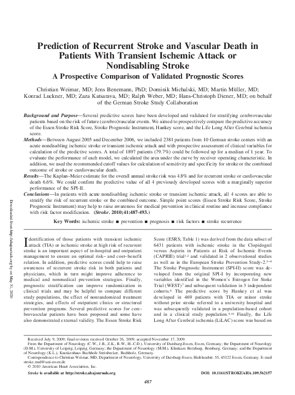 (PDF) Prediction of Recurrent Stroke and Vascular Death in Patients With Transient Ischemic ...