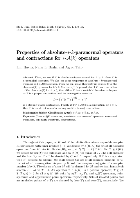 (PDF) Properties of absolute-*-k-paranormal operators and contractions ...
