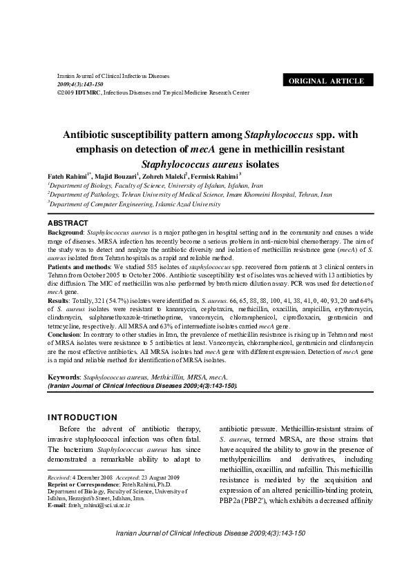 (PDF) Antibiotic susceptibility pattern among Staphylococcus spp. with emphasis on detection of ...