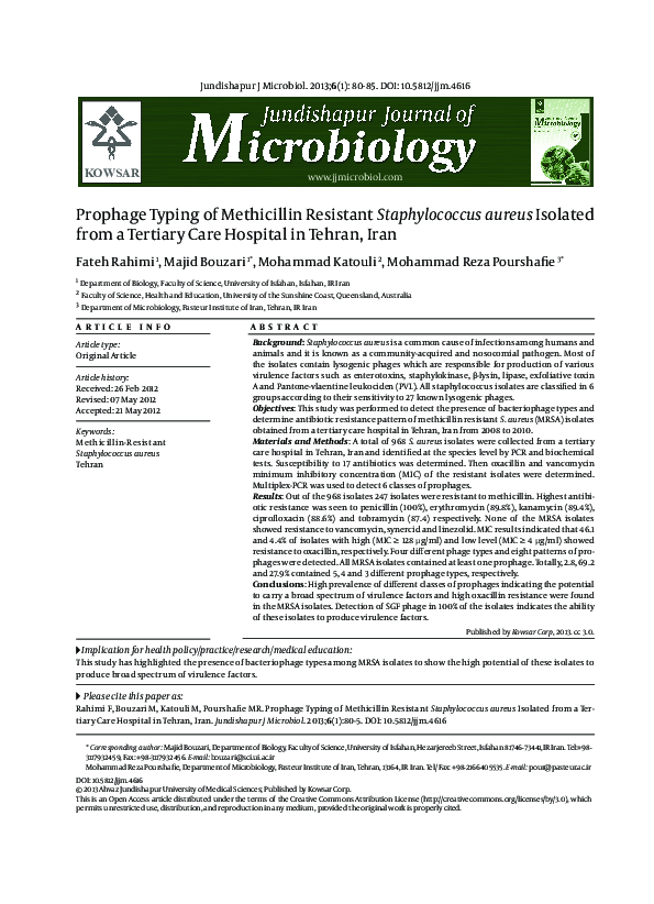 (PDF) Prophage Typing of Methicillin Resistant Staphylococcus aureus Isolated from a Tertiary ...