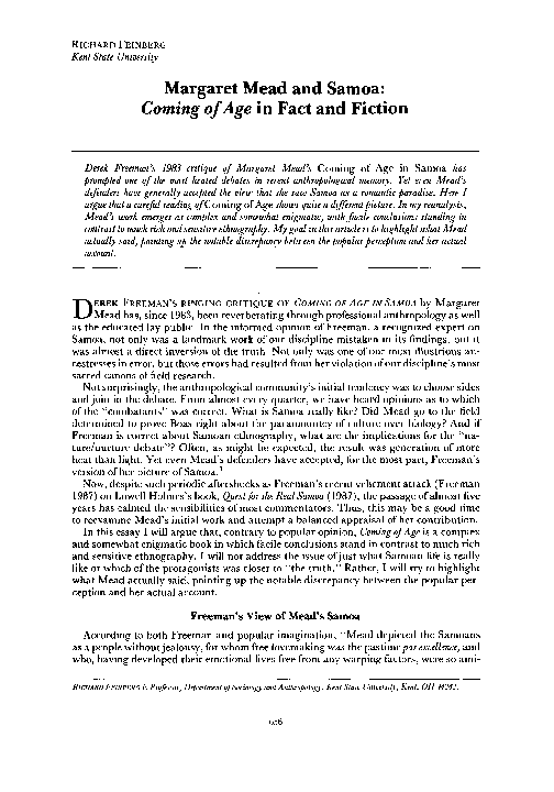 (PDF) Margaret Mead and Samoa: Coming of Age in Fact and Fiction