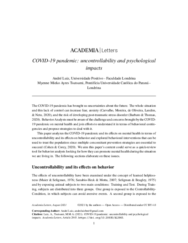 (PDF) COVID-19 pandemic: uncontrollability and psychological impacts