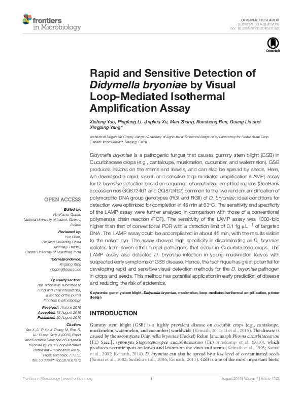 Pdf Rapid And Sensitive Detection Of Didymella Bryoniae By Visual Loop Mediated Isothermal