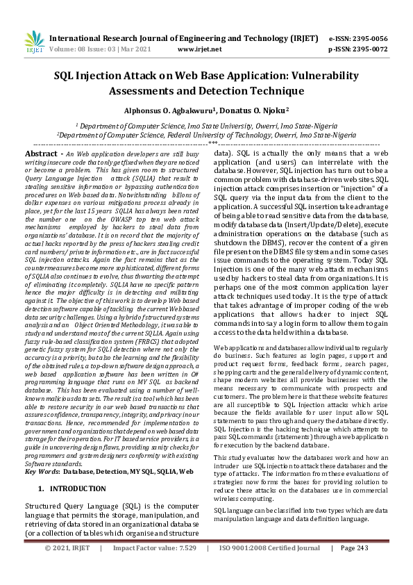 (PDF) IRJET- SQL Injection Attack on Web Base Application: Vulnerability Assessments and ...