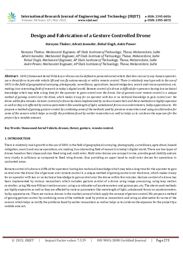 (PDF) IRJET- Design and Fabrication of a Gesture Controlled Drone