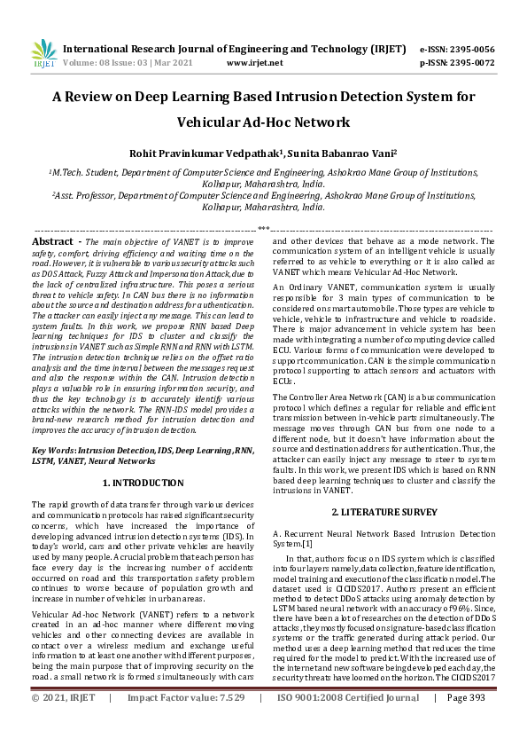 Pdf Irjet A Review On Deep Learning Based Intrusion Detection System For Vehicular Ad Hoc Network