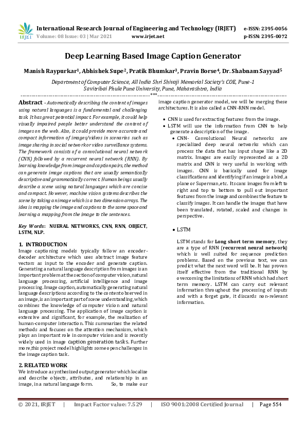 (PDF) IRJET- Deep Learning Based Image Caption Generator