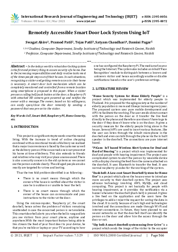 (PDF) IRJET- Remotely Accessible Smart Door Lock System Using IoT