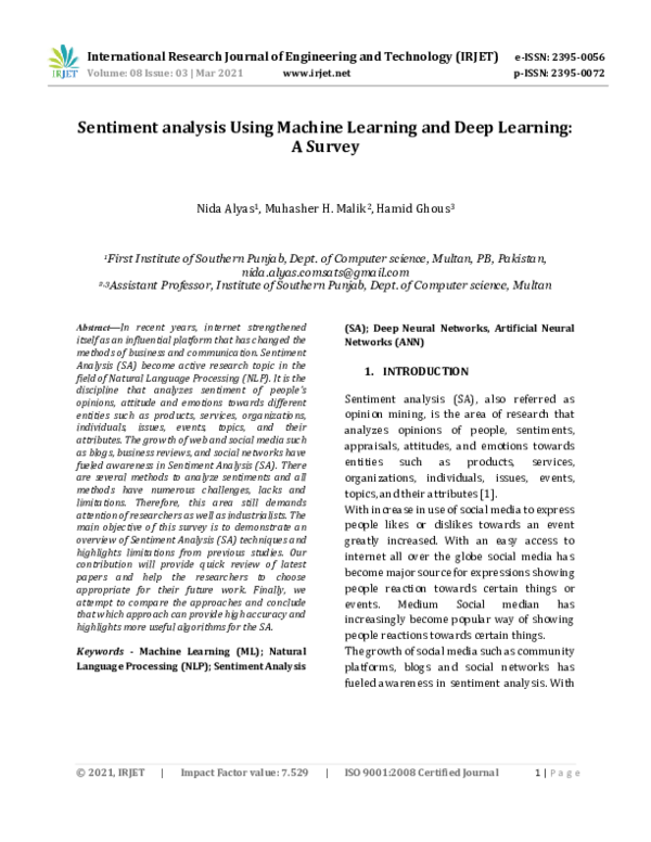 (PDF) IRJET- Sentiment analysis Using Machine Learning and Deep ... (PDF) IRJET- Sentiment analysis Using Machine Learning and Deep ...