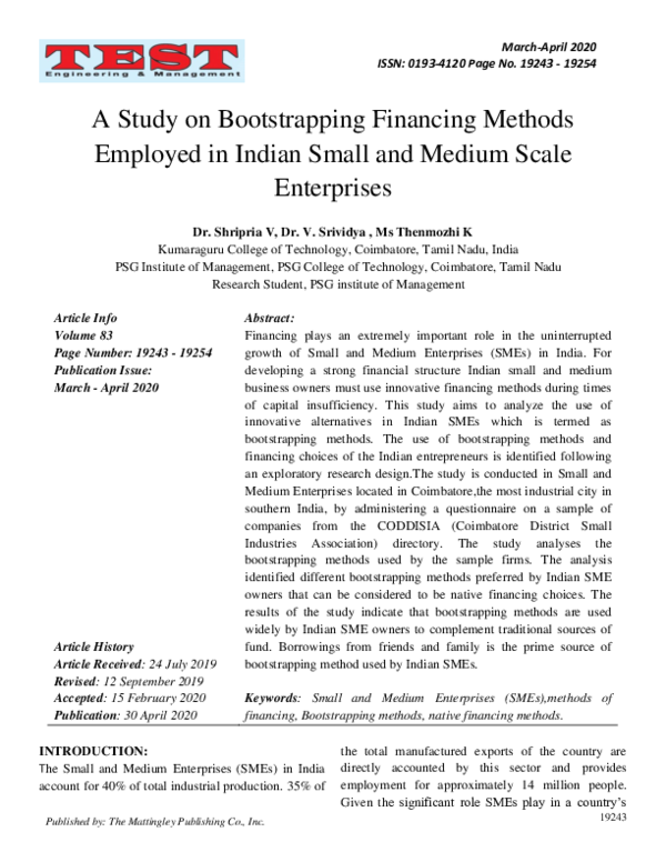 (PDF) A Study on Bootstrapping Financing Methods Employed in Indian Small and Medium Scale ...