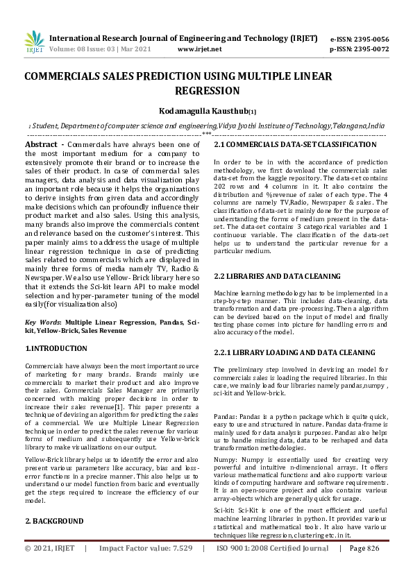 (PDF) IRJET- COMMERCIALS SALES PREDICTION USING MULTIPLE LINEAR REGRESSION