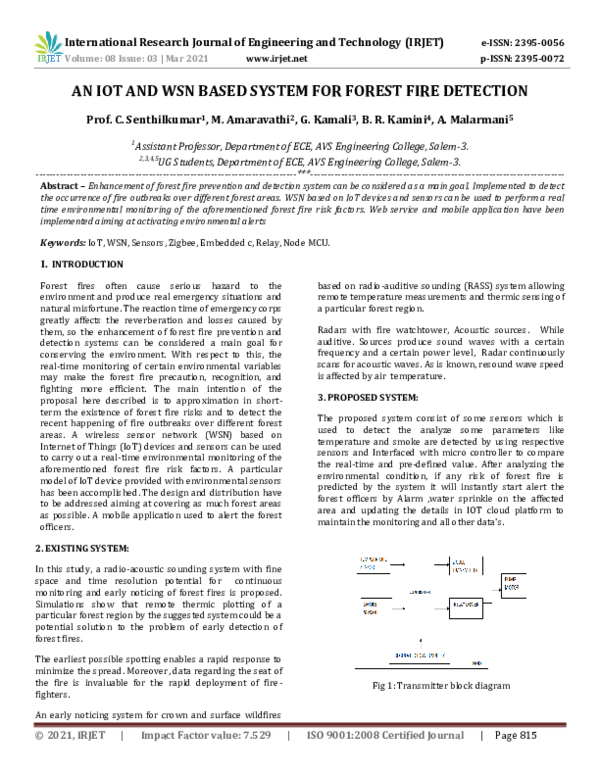 Pdf Irjet An Iot And Wsn Based System For Forest Fire Detection