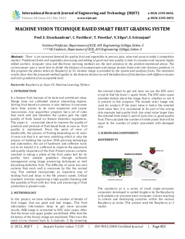 (PDF) IRJET- MACHINE VISION TECHNIQUE BASED SMART FRUIT GRADING SYSTEM