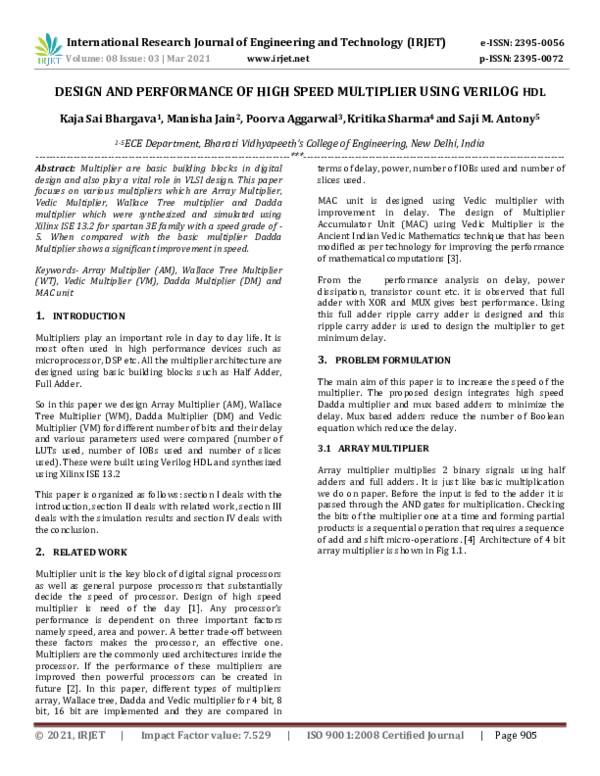 Pdf Irjet Design And Performance Of High Speed Multiplier Using Verilog Hdl
