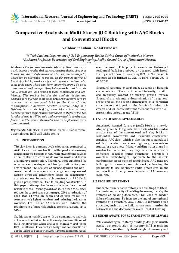 Pdf Comparative Analysis Of Multi Storey Rcc Building With Aac Blocks And Conventional Blocks