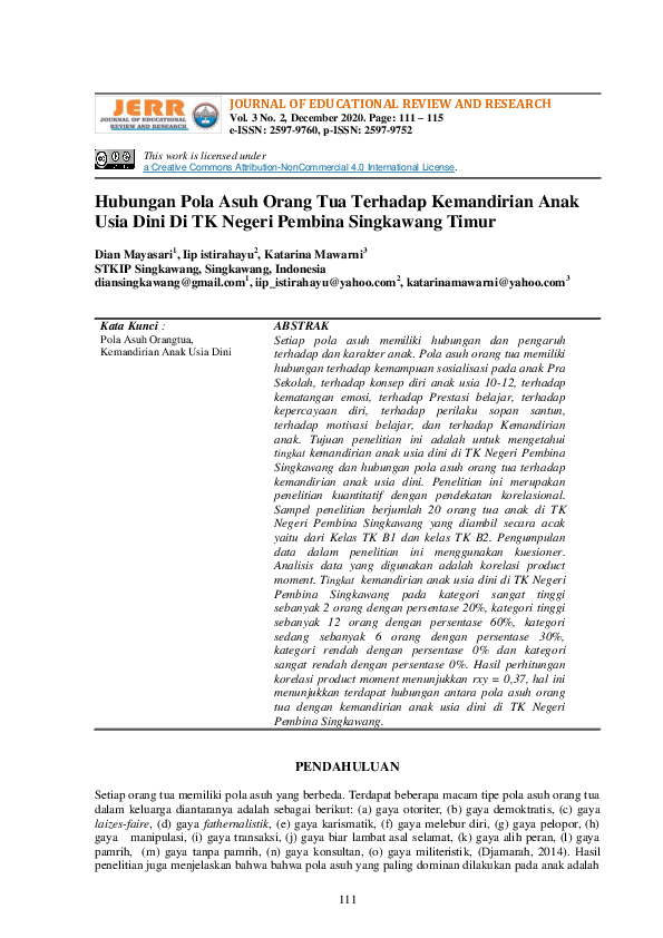 (PDF) Hubungan Pola Asuh Orang Tua Terhadap Kemandirian Anak Usia Dini Di TK Negeri Pembina ...