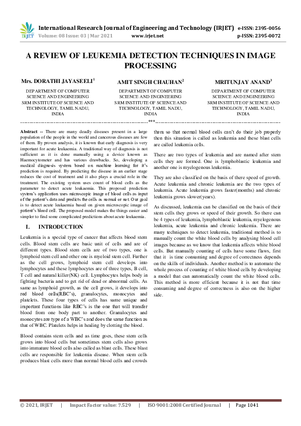 (PDF) IRJET- A REVIEW OF LEUKEMIA DETECTION TECHNIQUES IN IMAGE PROCESSING