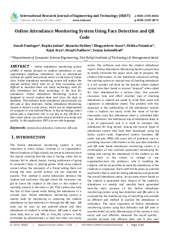 Pdf Irjet Online Attendance Monitoring System Using Face Detection